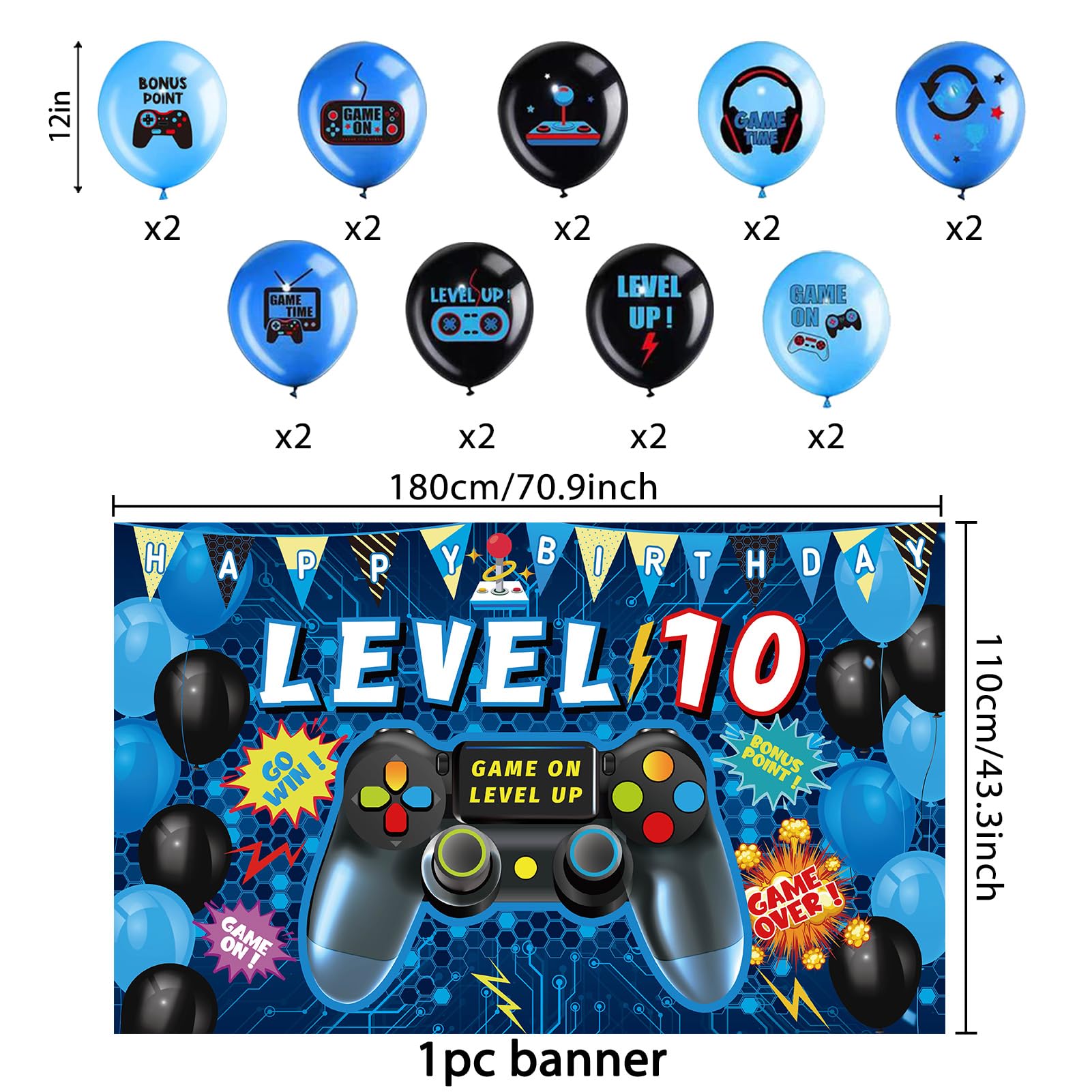 Vlipoeasn Video Game 10th Birthday Decorations for Boys, Blue Level 10 Banner Backdrop Honeycomb Centerpieces Hanging Swirls for 10th Birthday Party, Gamer 10 Years Old Party Supplies