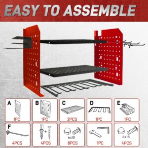 Quibbay Power Tool Organizer Wall Mount, Utility Racks with 4 Drill Holder for Garage Organization, Drill Holder Wall Mount with 2 Side Pegboards with Hooks, Tool Shelf with Screwdriver/Plier/Hammer