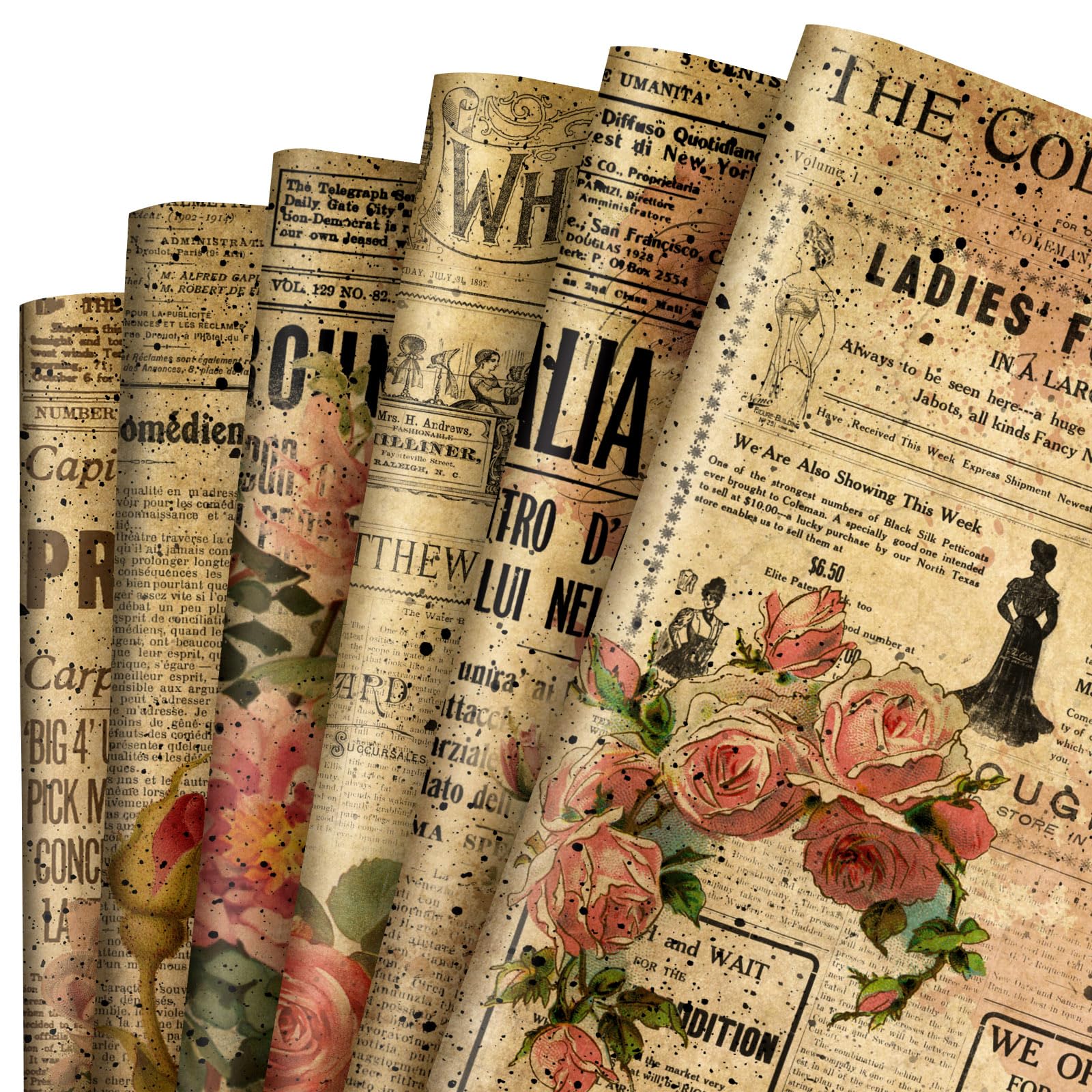 JarThenaAMCS 12 Sheets Vintage Wrapping Paper - Not Roll - Rose Floral Old Newspaper Style Gift Wrap Paper Folded Flat Retro Art Paper for DIY Crafts, 19.7 x 27.6 Inch