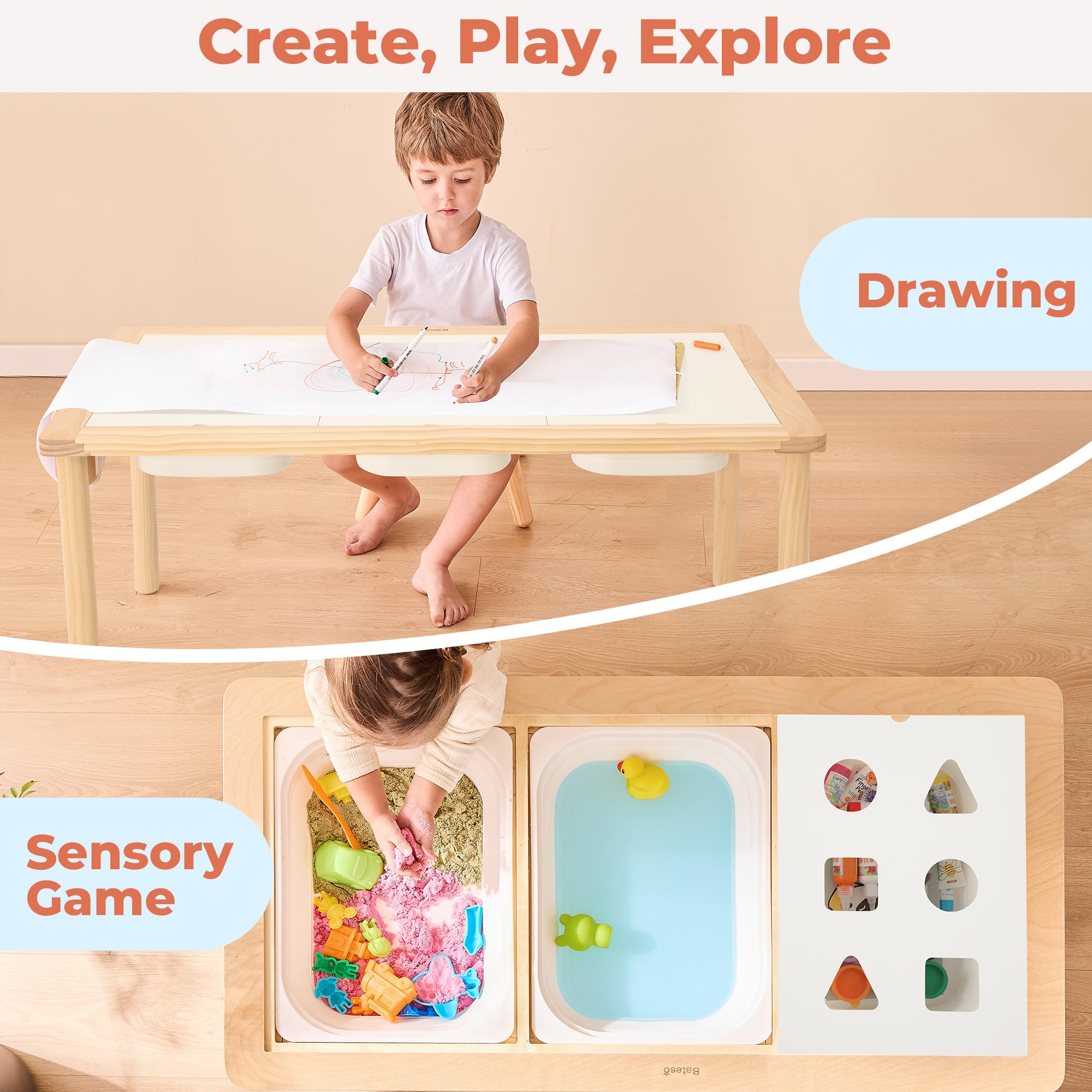 Sensory Table with 3 Foldable Storage Bins, Multifunction Wooden Sand and Water Table with Double-Side Board & Paper Roll Dispenser, Activity Game Table, Indoor Outdoor Use, for Kids