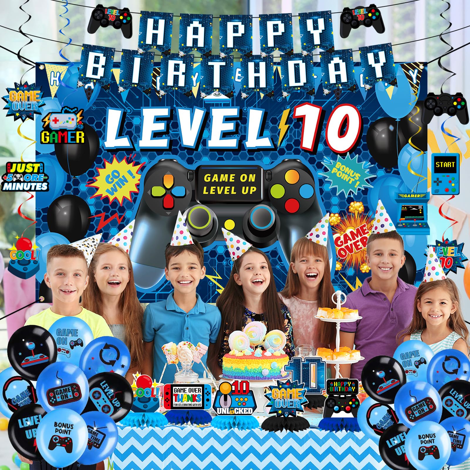 Vlipoeasn Video Game 10th Birthday Decorations for Boys, Blue Level 10 Banner Backdrop Honeycomb Centerpieces Hanging Swirls for 10th Birthday Party, Gamer 10 Years Old Party Supplies