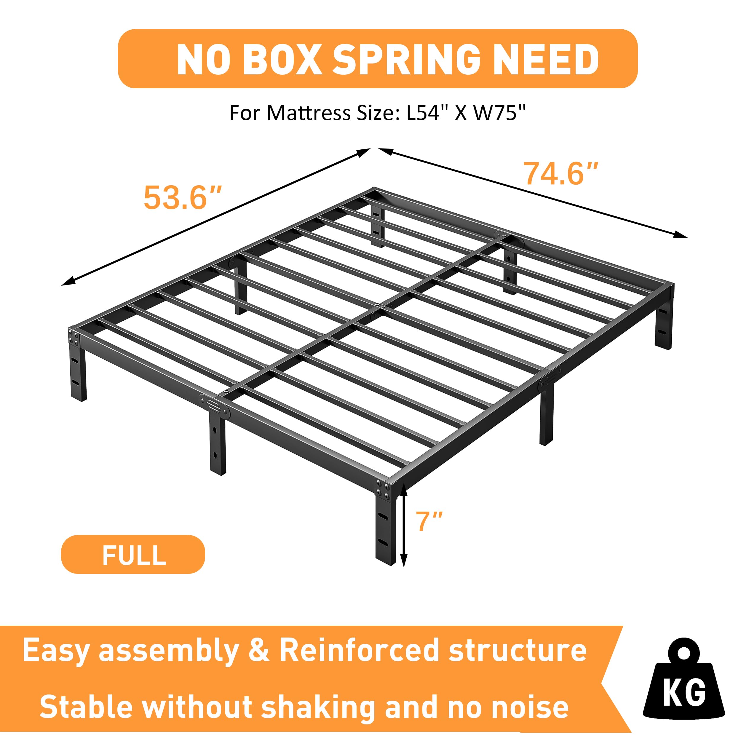 qimamo 7-Inch Low Bed Frame Full with LED Night Light, Metal Platform Full Size Bed Frame,No Box Spring Needed, Easy Assembly, Heavy Duty, Noise-Free, Black