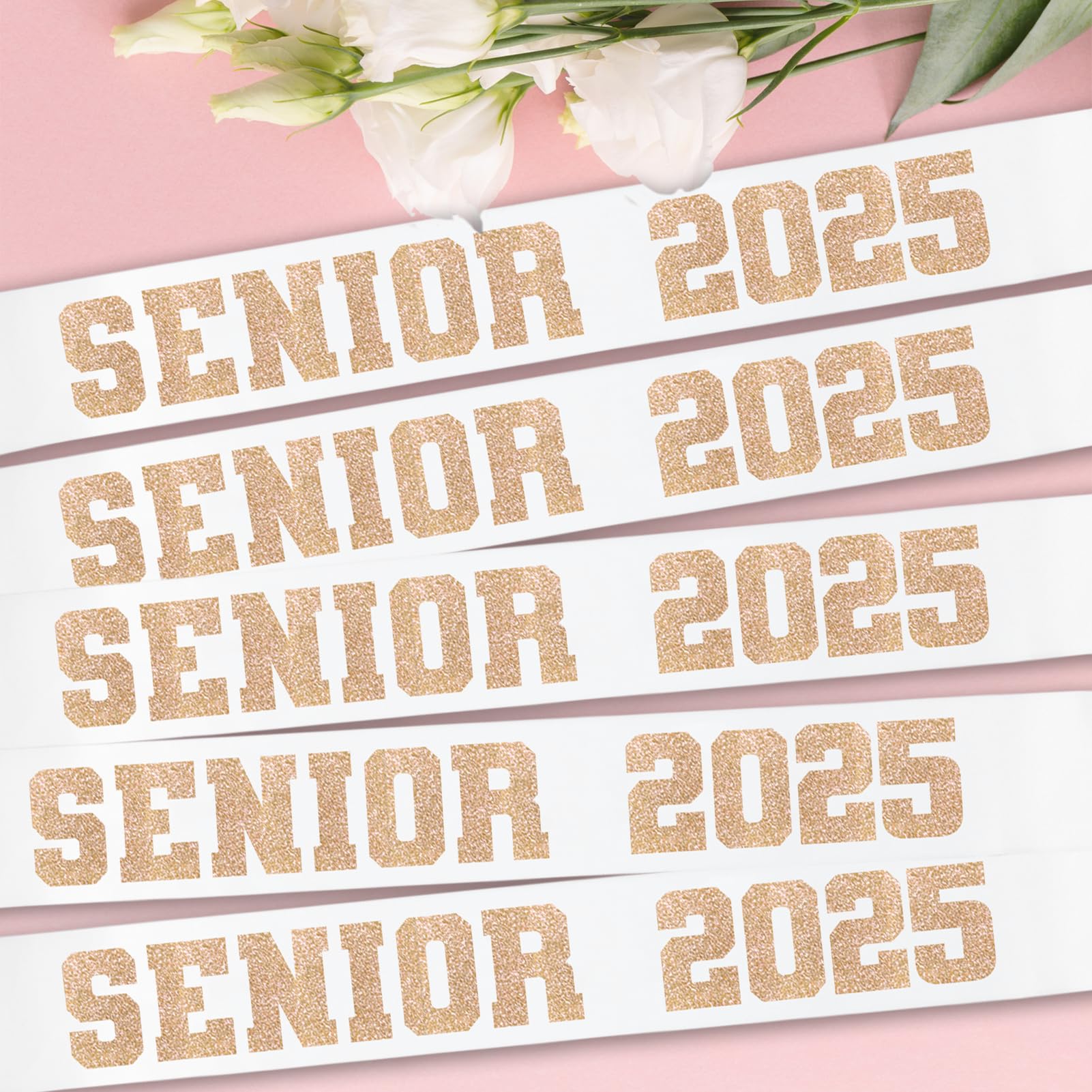 8 Pcs White Senior 2025 Sashes with Champagne Gold Glitter Letters - Graduation Celebration sash, Senior Sashes Class of 2025, Senior Cheer Sash, Class Competition Sashes, Graduation Party Supplies