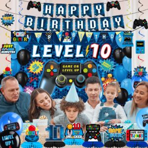 Vlipoeasn Video Game 10th Birthday Decorations for Boys, Blue Level 10 Banner Backdrop Honeycomb Centerpieces Hanging Swirls for 10th Birthday Party, Gamer 10 Years Old Party Supplies