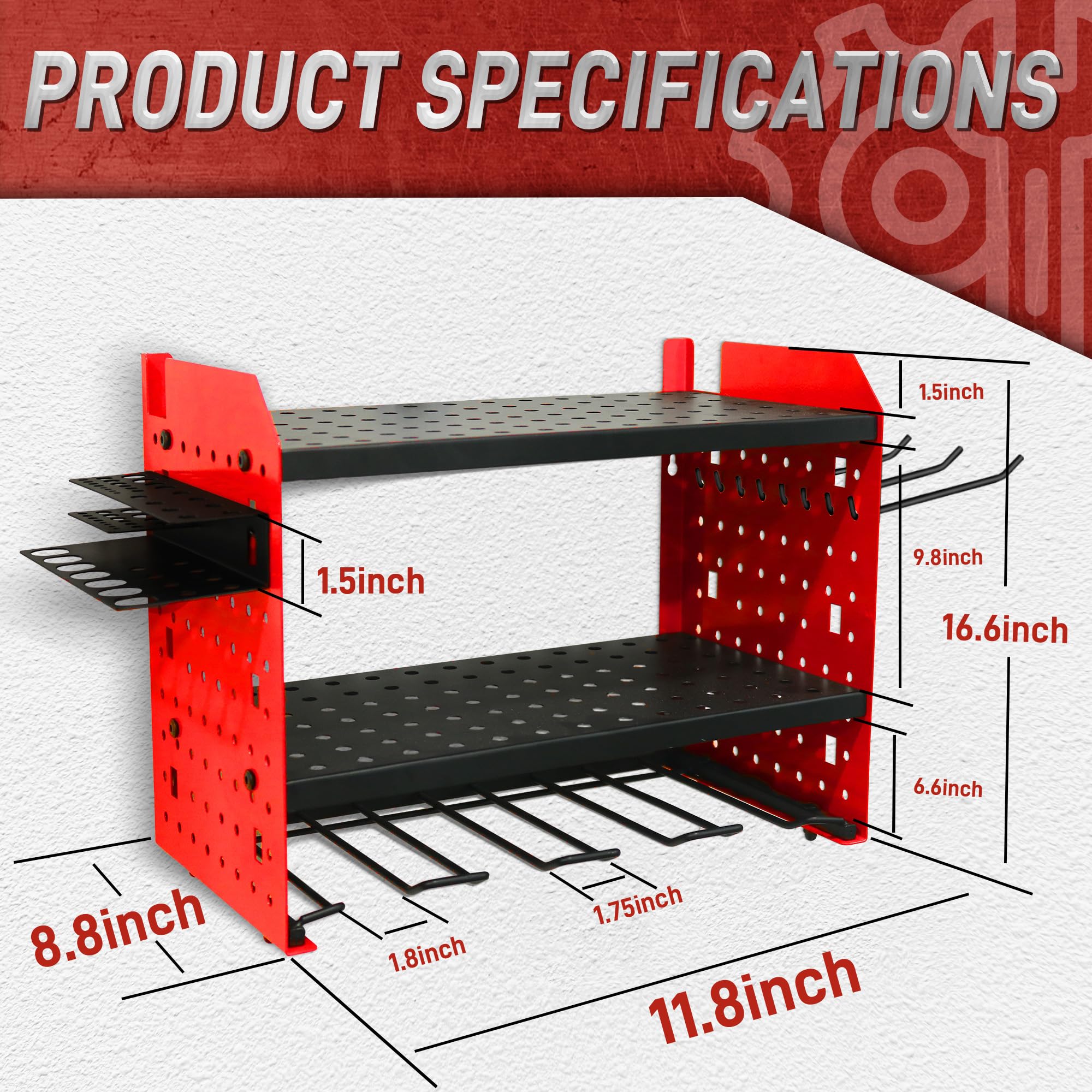 Quibbay Power Tool Organizer Wall Mount, Utility Racks with 4 Drill Holder for Garage Organization, Drill Holder Wall Mount with 2 Side Pegboards with Hooks, Tool Shelf with Screwdriver/Plier/Hammer