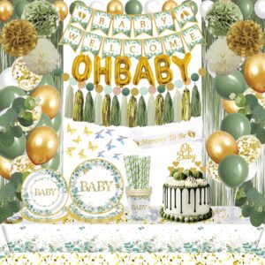 234 pcs sage green baby shower decorations, neutral baby shower decor supplies- disposable dinnerware set with eucalyptus leaf, "oh baby" banner, balloon, sash, cake topper, paper balls, garland