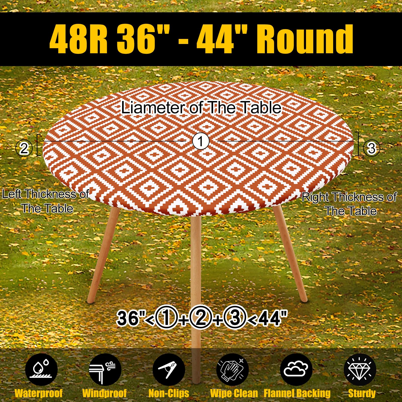 Smiry Round Picnic Table Cloth, Waterproof Elastic Fitted Outdoor Tablecloths for 36"-44" Tables, Wipeable Flannel Backed Vinyl Table Cover for Camping, Dining and Indoor, Rust