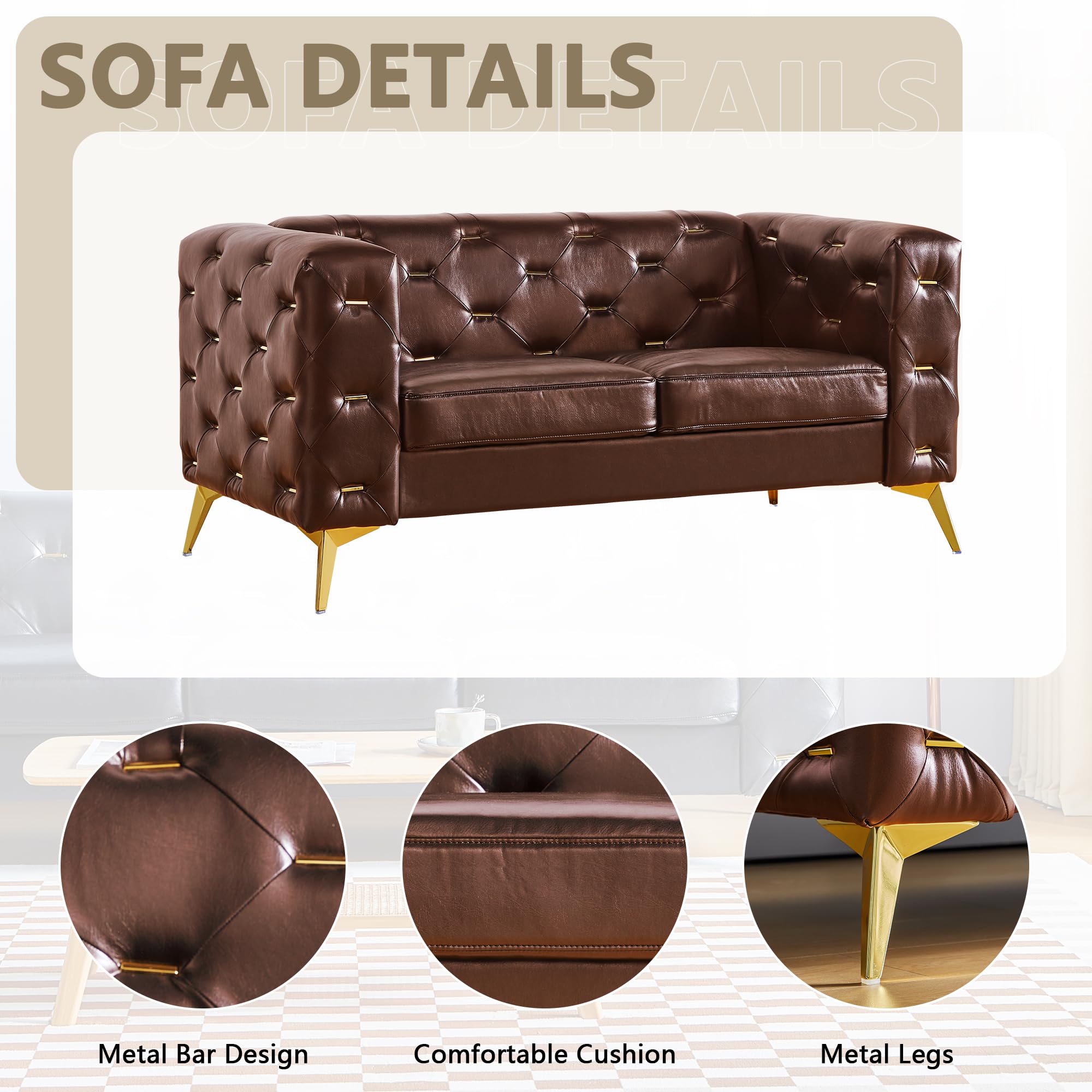 QHITTY Chesterfield Loveseat, Modern 2 Seater Accent Sofa Faux Leather Couch with Square Arms and Metal Tufted Button, Metal Legs for Living Room, Office, Bedroom (Brown)