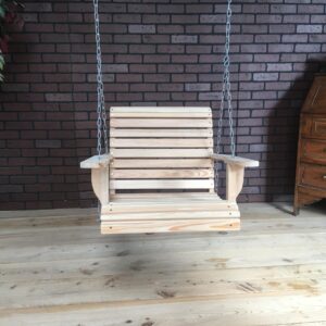 Generic 2FT Cypress Roll Porch Swing Made in USA with Hanging Hardware and Cup Holders, Unfinished Natural Wood Tone