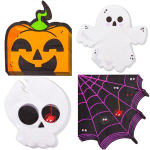 crisky 100 pcs halloween cocktail napkins - 4 assorted design - paper cocktail napkins for halloween party decoration, 3-ply,