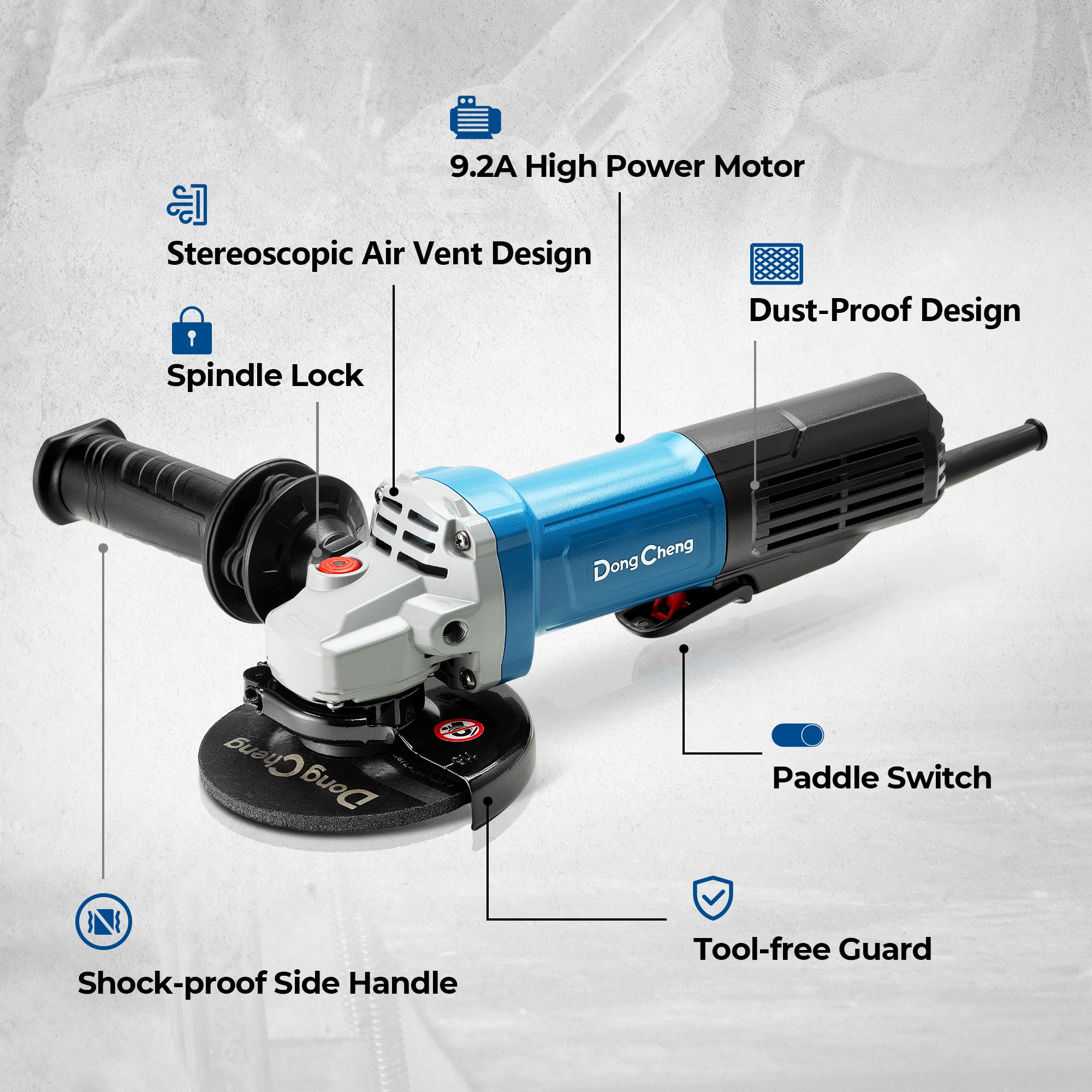 DongCheng 9.2 Amp Power Angle Grinders, 4-1/2 in., 11800RPM, Tool-Free Guard, Electric Metal Grinder Tool, Small Corded Angle Grinder, Paddle Switch, Shockproof Handle for Cutting, Grinding, Polishing