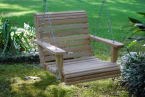 generic 2ft cypress roll porch swing made in usa with hanging hardware and cup holders, unfinished natural wood tone