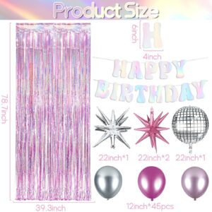 Iridescent Party Decorations Set Pink Disco Holographic Birthday Party Decors Shiny Foil Fringe Curtain Iridescent Banner Balloons for Engagement Wedding Bachelorette Bridal Shower Girl Party Supplies