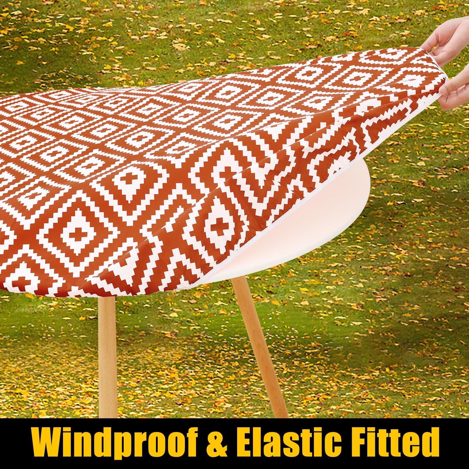 Smiry Round Picnic Table Cloth, Waterproof Elastic Fitted Outdoor Tablecloths for 36"-44" Tables, Wipeable Flannel Backed Vinyl Table Cover for Camping, Dining and Indoor, Rust