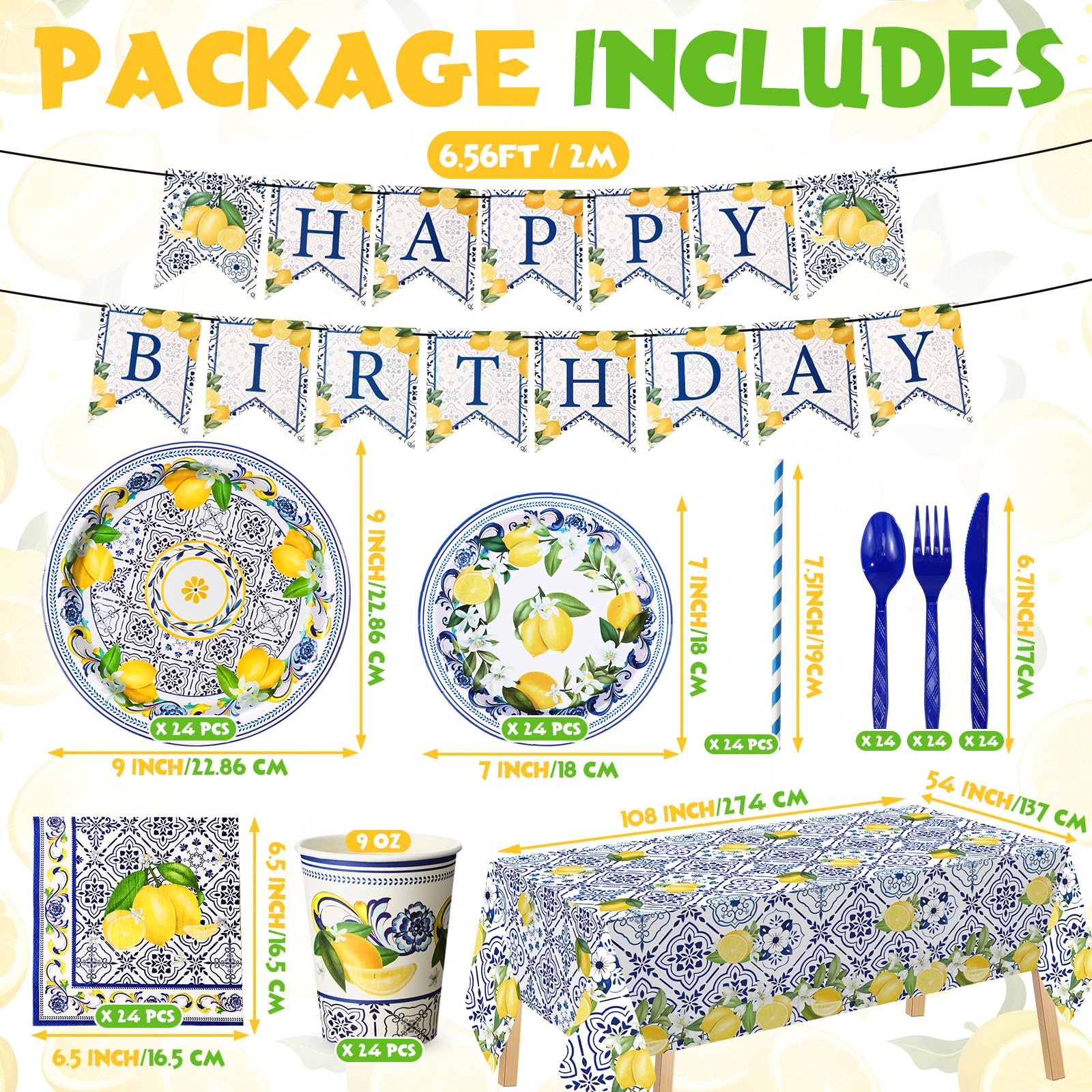 Potchen 194 Pcs Capri Lemon Birthday Party Supplies Lemon Disposable Tableware Set Capri Lemon Banner Paper Plates Napkins Cups Cutlery Tablecloth for Bridal Shower Party Decor, Serves 24 Guests