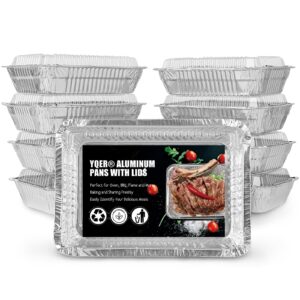 yqer 10 pack aluminum to go containers with clear lids, 2.25 lb capacity (8.5''x6'') small aluminum foil pans - 10 heavy duty foil food containers & 10 clear lids, disposable tin foil trays for baking