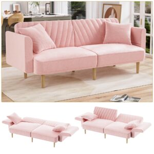 nolohoo velvet futon sofa bed, futon couch, small sofa 75.3" upholstered comfy loveseat sleeper sofa with adjustable armrests, mid century couches for living room, bedroom, pink, velvet