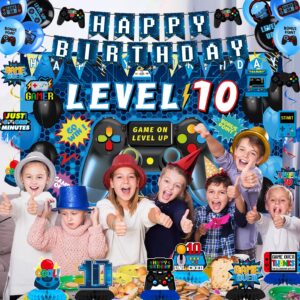 Vlipoeasn Video Game 10th Birthday Decorations for Boys, Blue Level 10 Banner Backdrop Honeycomb Centerpieces Hanging Swirls for 10th Birthday Party, Gamer 10 Years Old Party Supplies