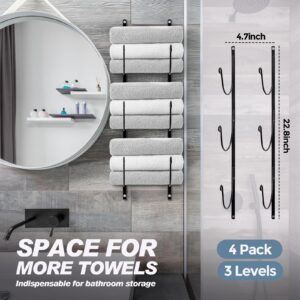 Skybooly 4 Pack Wall Mounted Towel Racks for Bathroom 3 Level Wine Rack Towel Holder Metal Bathroom Towel Storage Shelves Rolled Towel Organizer for Kitchen Bath Hand Towels Washcloths Linens, Black