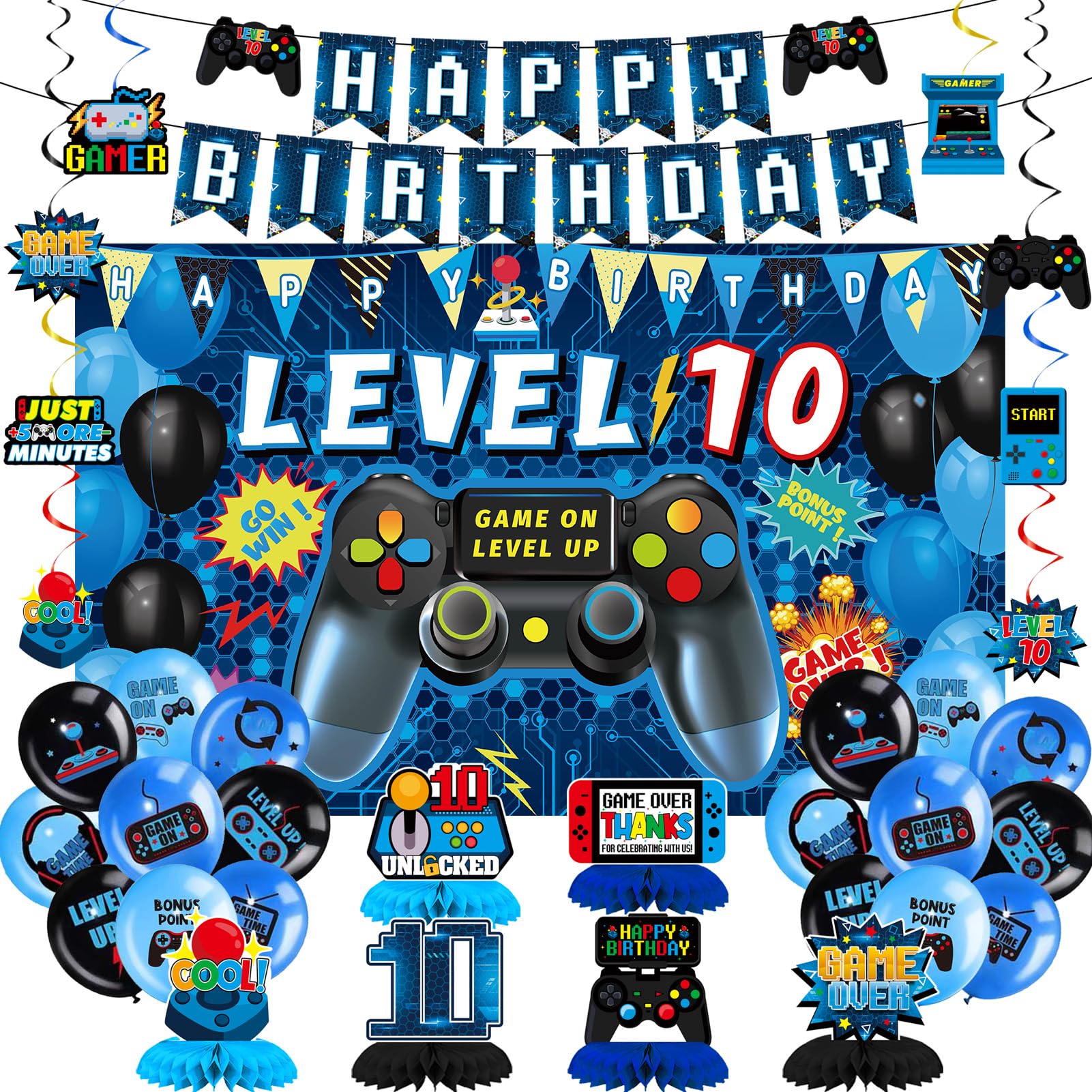 Vlipoeasn Video Game 10th Birthday Decorations for Boys, Blue Level 10 Banner Backdrop Honeycomb Centerpieces Hanging Swirls for 10th Birthday Party, Gamer 10 Years Old Party Supplies