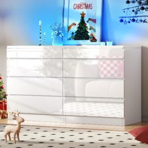 dwvo 8 drawer dresser with led, white dresser, modern 8 chest of drawers with deep drawers glass top high gloss surface, storage organizer cabinet for living room