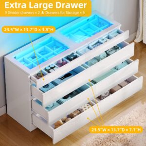 DWVO 8 Drawer Dresser with LED, White Dresser, Modern 8 Chest of Drawers with Deep Drawers Glass Top High Gloss Surface, Storage Organizer Cabinet for Living Room