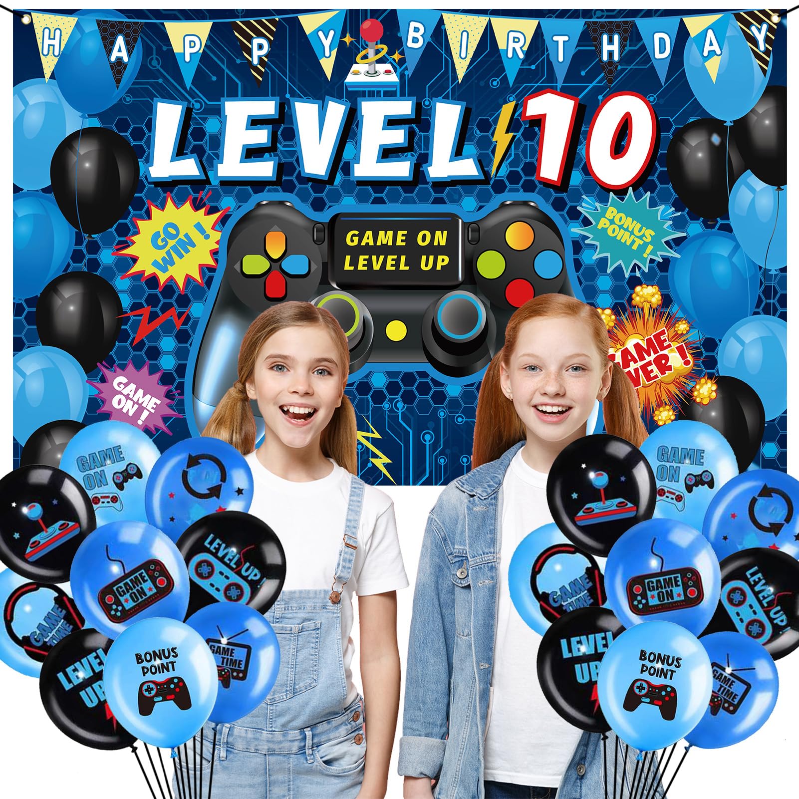 Vlipoeasn Video Game 10th Birthday Decorations for Boys, Blue Level 10 Banner Backdrop Honeycomb Centerpieces Hanging Swirls for 10th Birthday Party, Gamer 10 Years Old Party Supplies