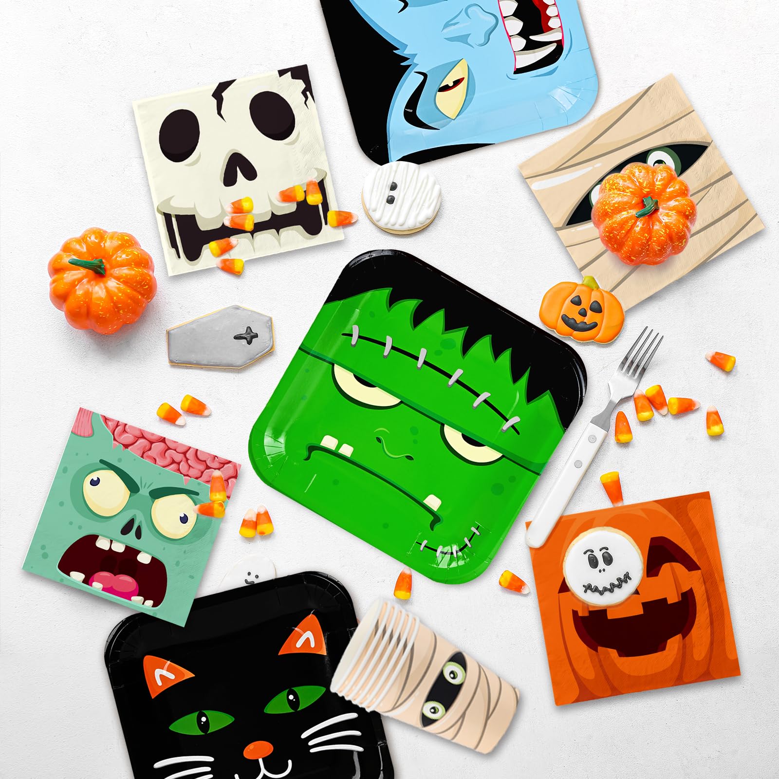 Halloween Party Supplies Kit for 24 Guests - Halloween Design with Disposable Dinner & Dessert Plates, Napkins, Cups, Tablecloth, and Banner -for Halloween Birthday Party Decorations