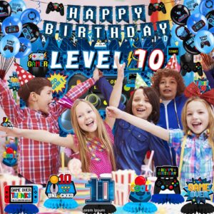 Vlipoeasn Video Game 10th Birthday Decorations for Boys, Blue Level 10 Banner Backdrop Honeycomb Centerpieces Hanging Swirls for 10th Birthday Party, Gamer 10 Years Old Party Supplies