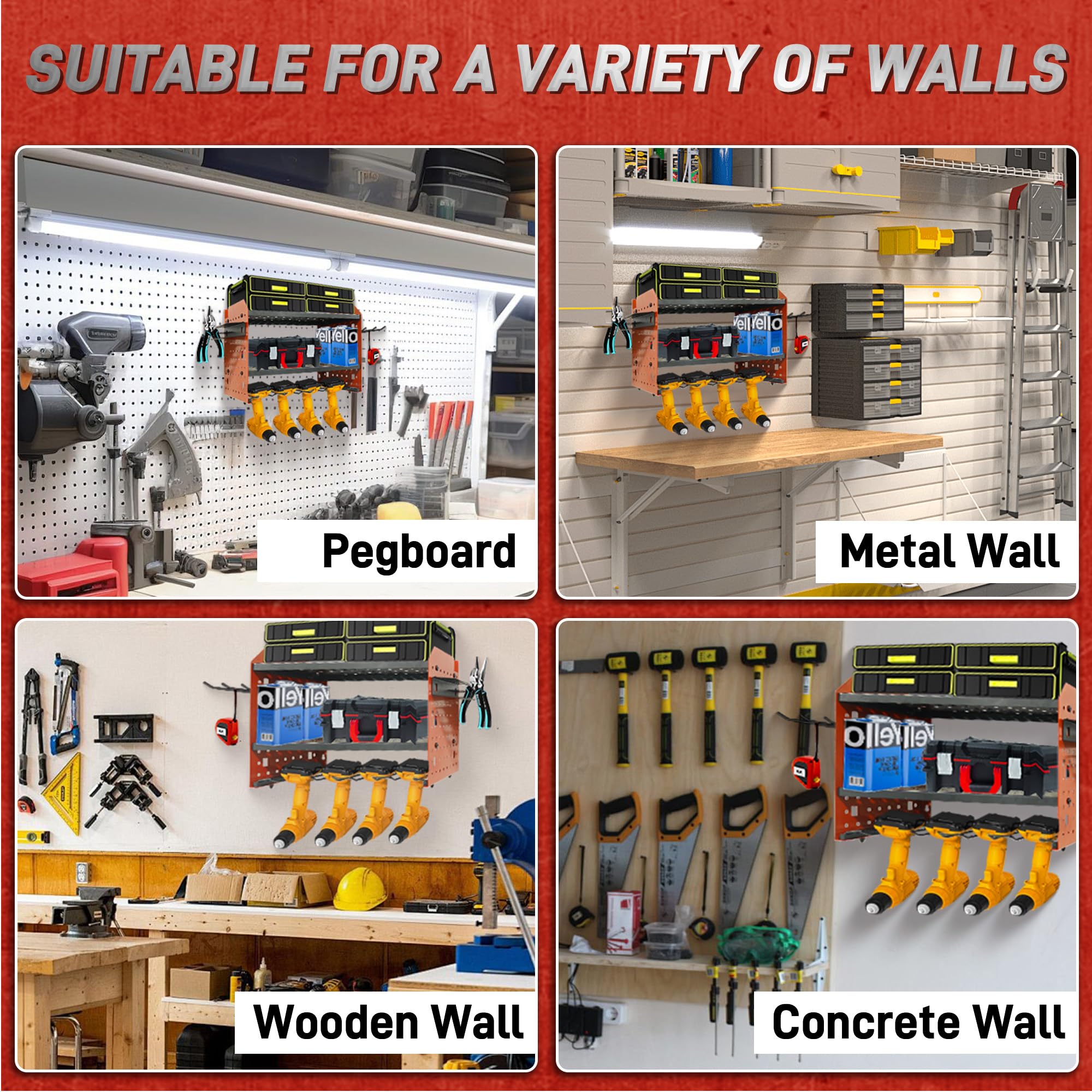 Quibbay Power Tool Organizer Wall Mount, Utility Racks with 4 Drill Holder for Garage Organization, Drill Holder Wall Mount with 2 Side Pegboards with Hooks, Tool Shelf with Screwdriver/Plier/Hammer