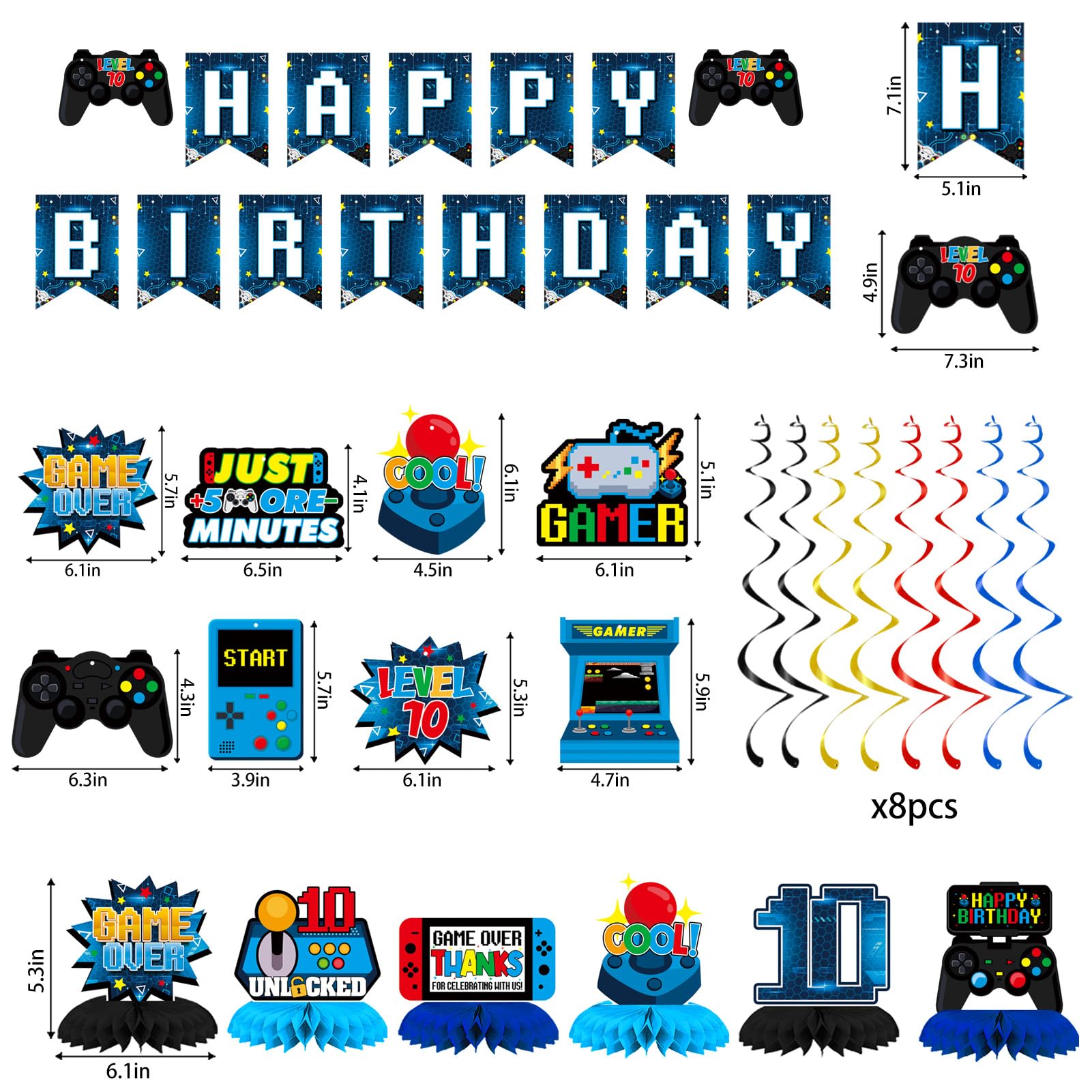 Vlipoeasn Video Game 10th Birthday Decorations for Boys, Blue Level 10 Banner Backdrop Honeycomb Centerpieces Hanging Swirls for 10th Birthday Party, Gamer 10 Years Old Party Supplies