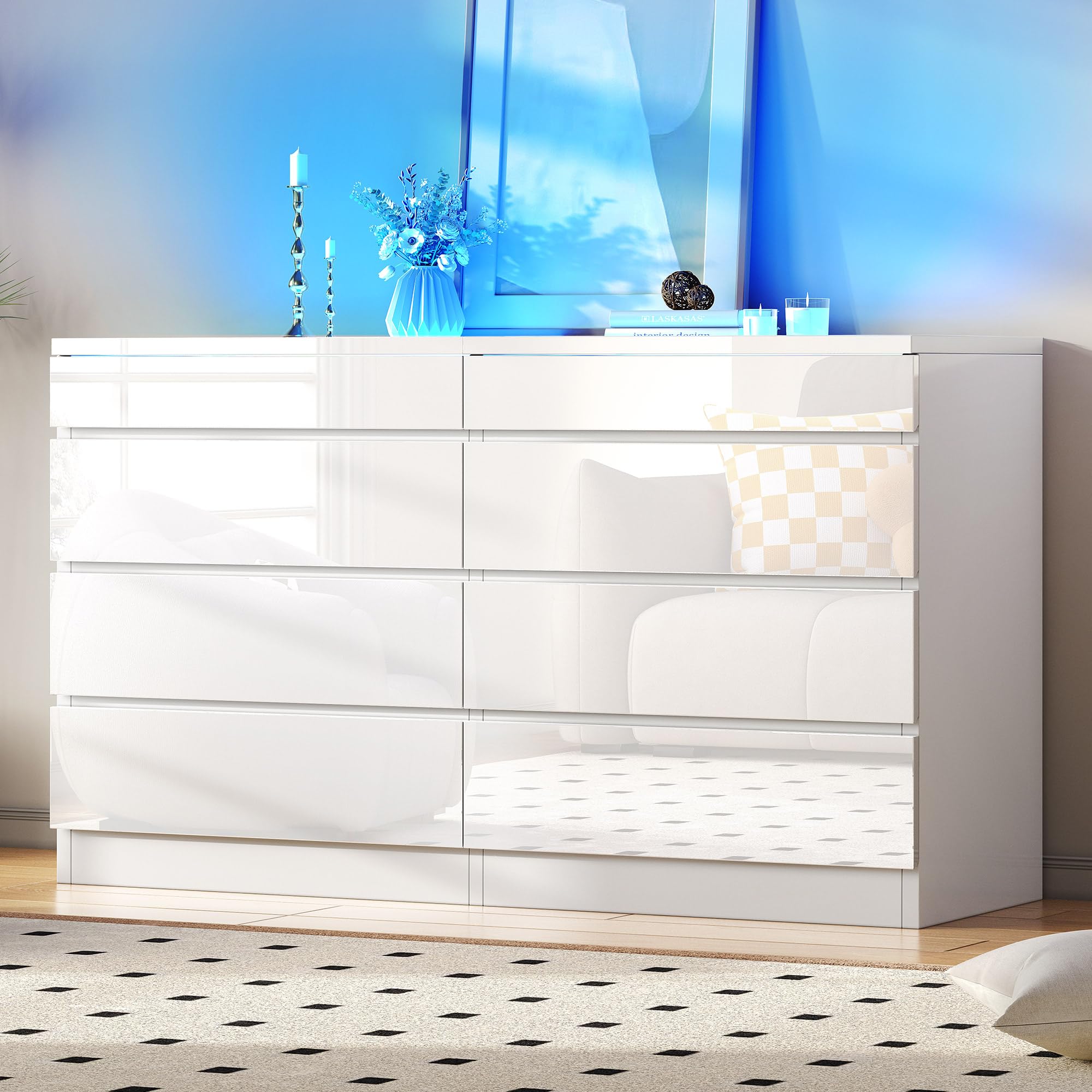 DWVO 8 Drawer Dresser with LED, White Dresser, Modern 8 Chest of Drawers with Deep Drawers Glass Top High Gloss Surface, Storage Organizer Cabinet for Living Room