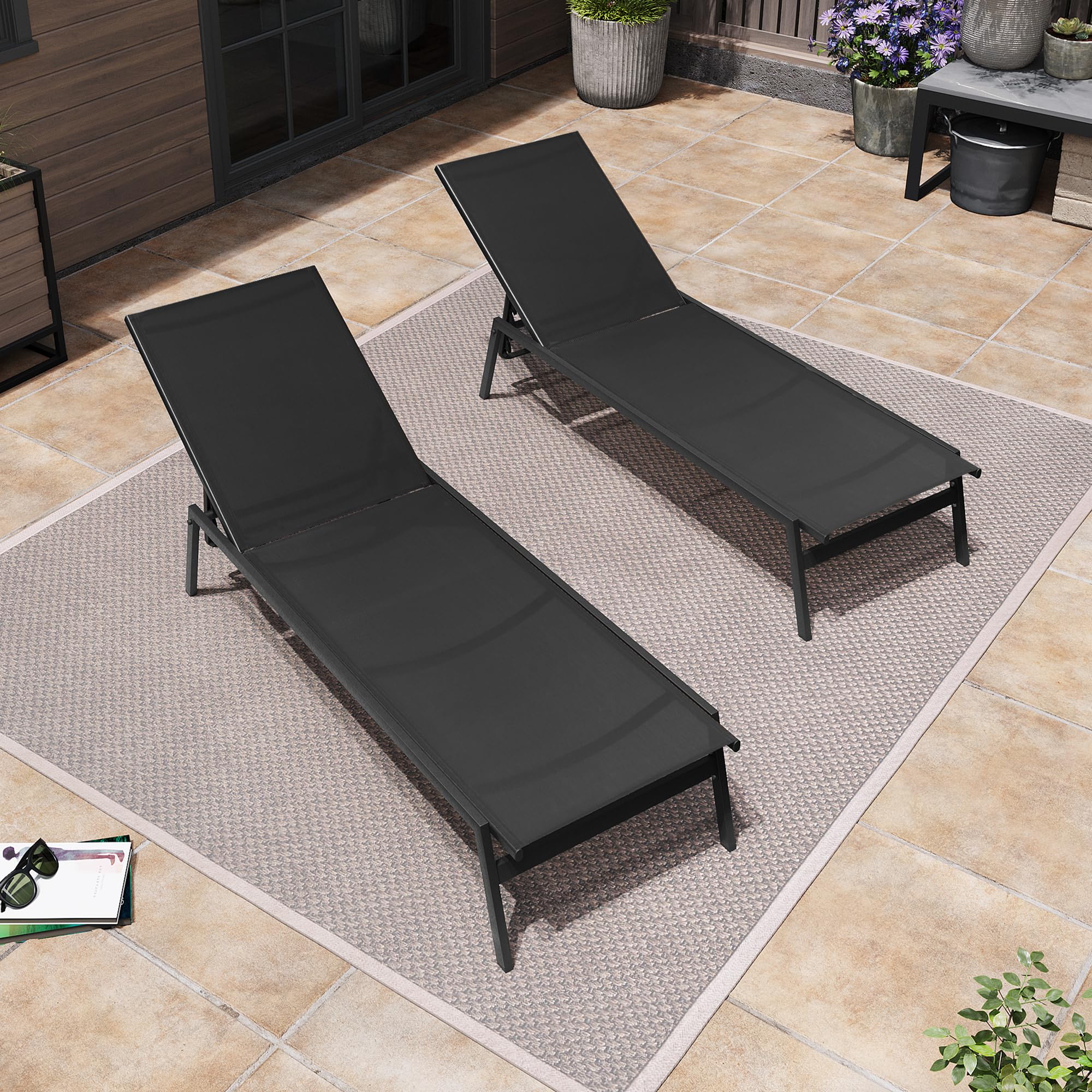 Pellebant Outdoor Lounge Chairs Set of 2, Patio Chaise Lounge, Rustproof Pool Lounge Chairs for Pool Deck Sunbath with Adjustable Backrest(2PCS,Black)