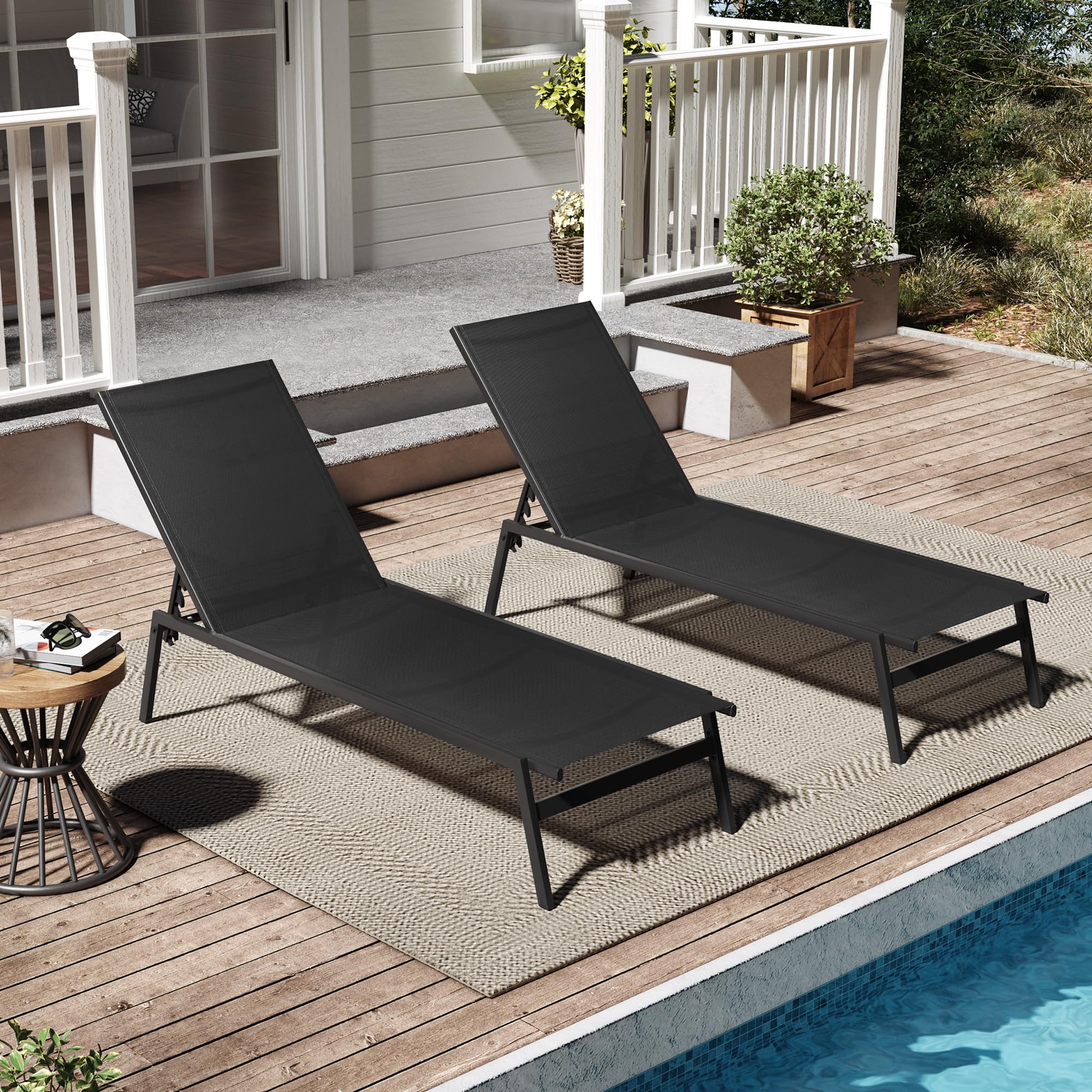 Pellebant Outdoor Lounge Chairs Set of 2, Patio Chaise Lounge, Rustproof Pool Lounge Chairs for Pool Deck Sunbath with Adjustable Backrest(2PCS,Black)