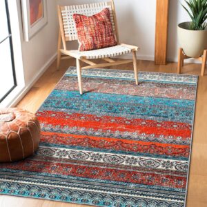 vibrant boho area rug 3x5 ft - washable & non-slip small throw colorful rug - home decor for living room, bedroom, entryway