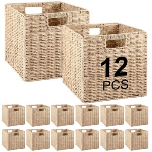 vesici 12 pcs wicker baskets storage 11 inch wicker baskets for cube rattan storage baskets foldable large woven wicker basket with handles for organizer shelves pantry living room (beige)