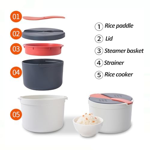 Microwave Rice Cooker Steamer, 2L Rice Maker Pasta Cooker with Strainer & Steamer Basket, MIATTCLD BPA Free Plastic Microwaveable Cookware Set for Rice, Oats, Veggies, Pasta, Ramen, Quinoa