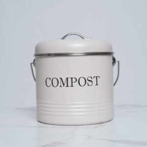 Kitchen Compost Bin, 1.3 Gallon Metal Countertop Compost Bucket with Lid, Indoor Composter, Beige