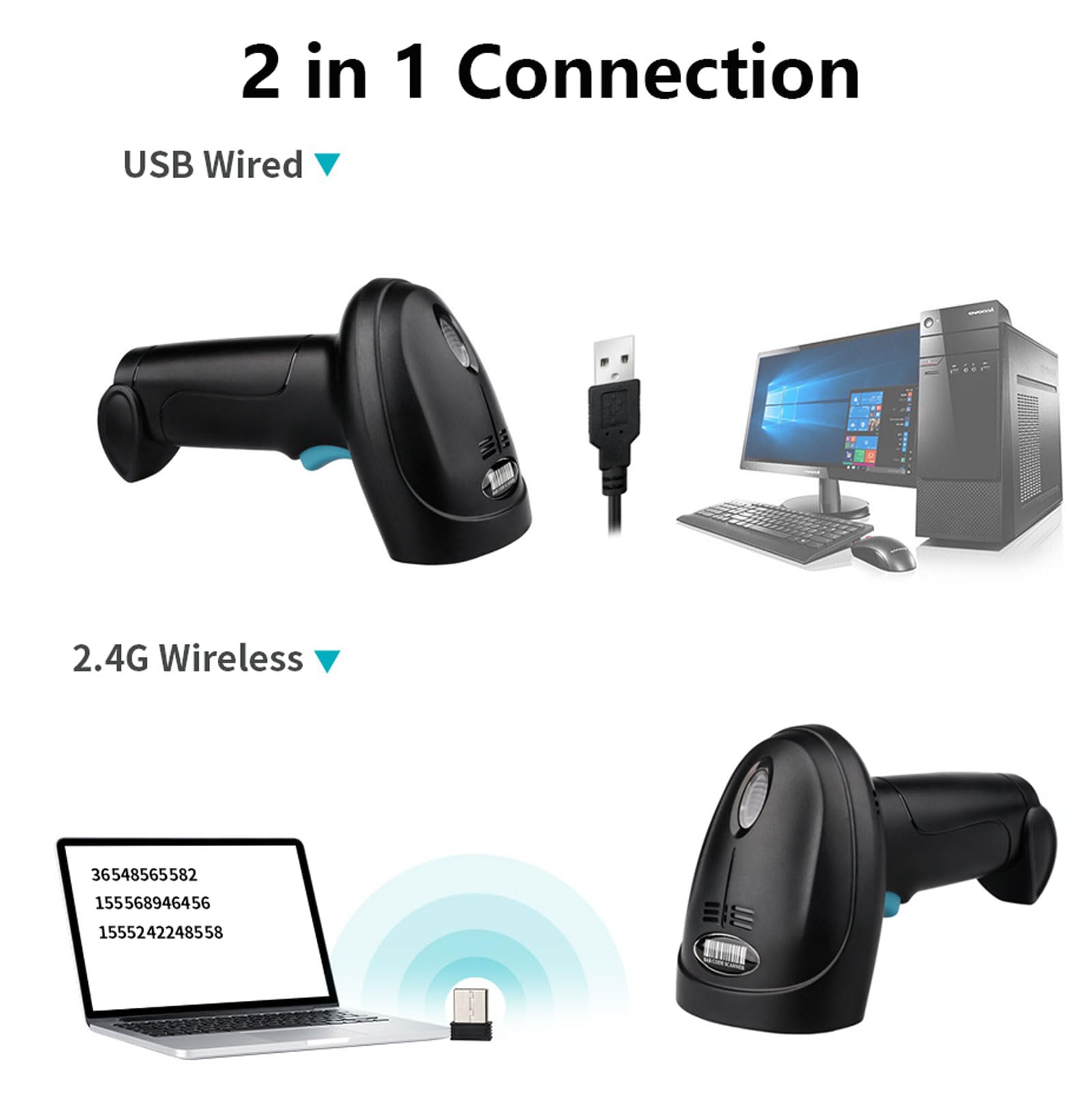 Xyllayeo QR Code Scanner 2D Wireless, Handheld Inventory Bar Code Reader with 2000mAh Rechargeable Battery, Automatic Fast Scanning Barcode Scanner for Computer POS System Warehouse Library