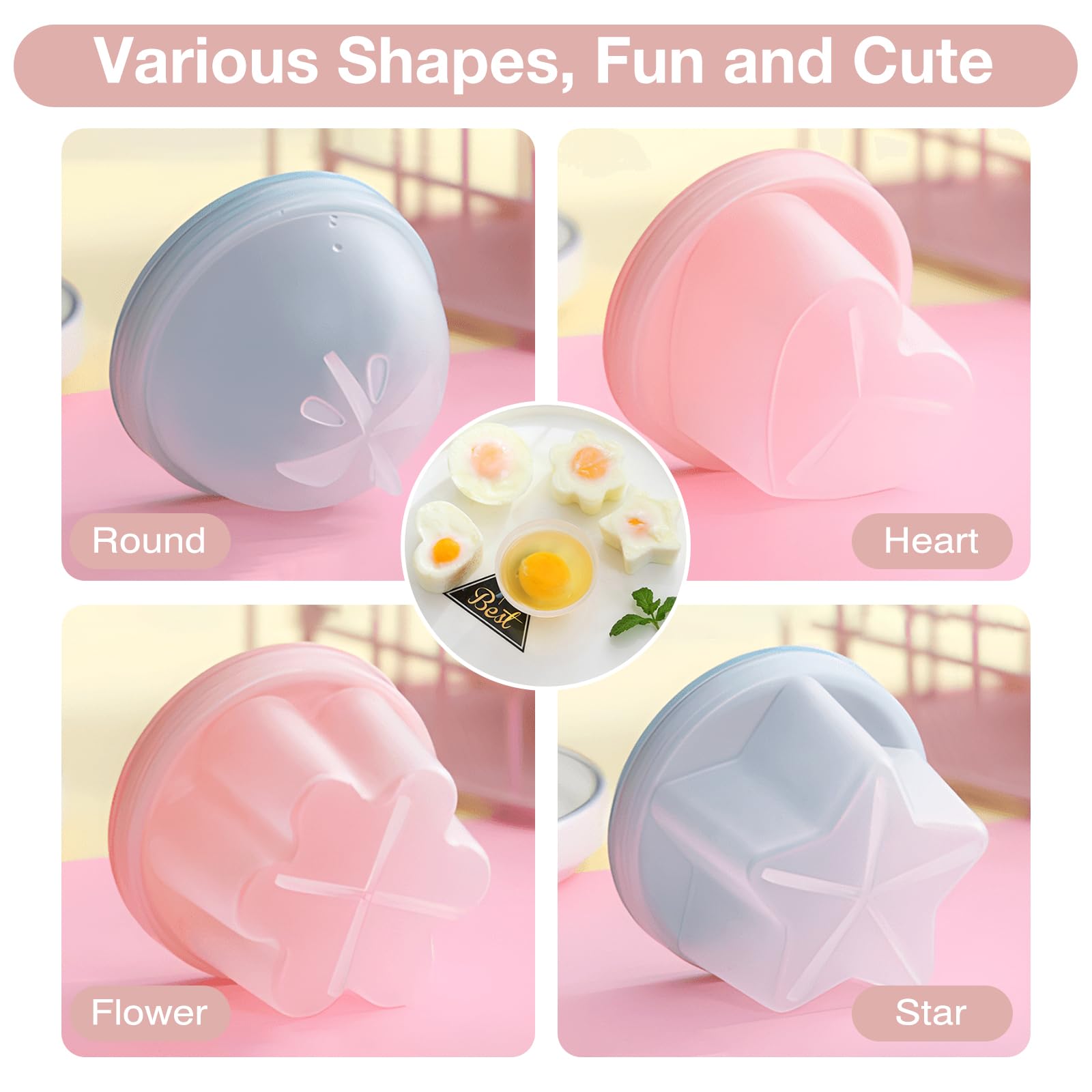 Egg Poacher, 4 Pcs Egg Cooker Cups Egg Steamer with Lid and Oil Brush, Individual Egg Boiler for Breakfast, Hard Boiled Eggs without the Shell 4 Shapes Egg Molds Food Grade Material (Pink)