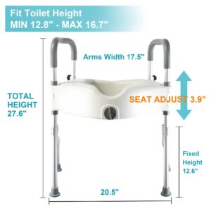 Lock Raised Toilet Seat with Handles, 5 Inch Toilet Seat Riser Heavy Duty with Adjustable Arms and Legs Fits Most Toilets, Elevated Toilet Seat 300 LBS(Regular, Grey+White）