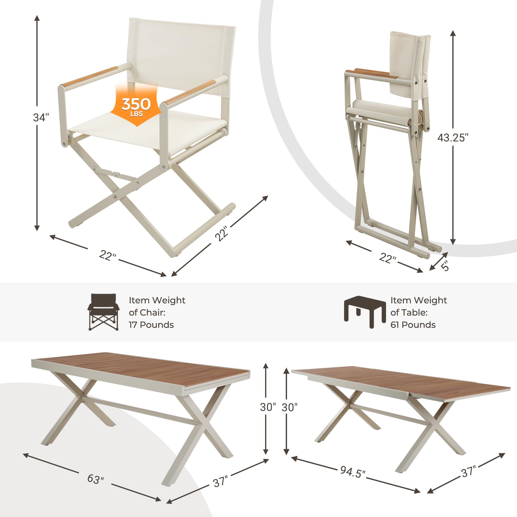 Grand patio 11-Piece Outdoor Dining Set, 10 Extra-Wide Foldable Chairs & 1 Extendable Table, UV-Resistant Mesh Patio Furniture Set, Wood Grain Tabletop for Garden, Yard and Terrace, Apricot