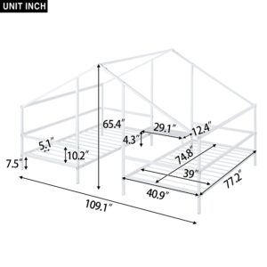 Merax Metal Double Twin Size Triangular House Beds with Built-in Table, White