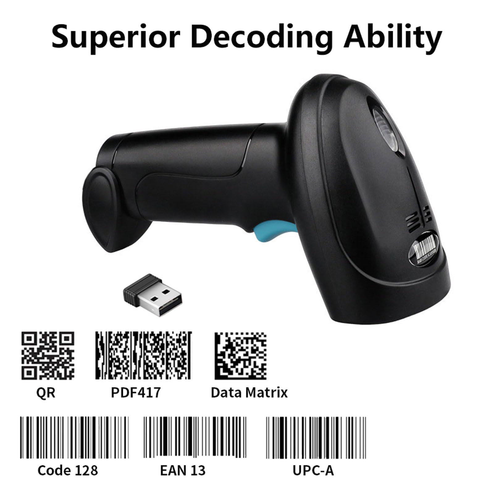 Xyllayeo QR Code Scanner 2D Wireless, Handheld Inventory Bar Code Reader with 2000mAh Rechargeable Battery, Automatic Fast Scanning Barcode Scanner for Computer POS System Warehouse Library