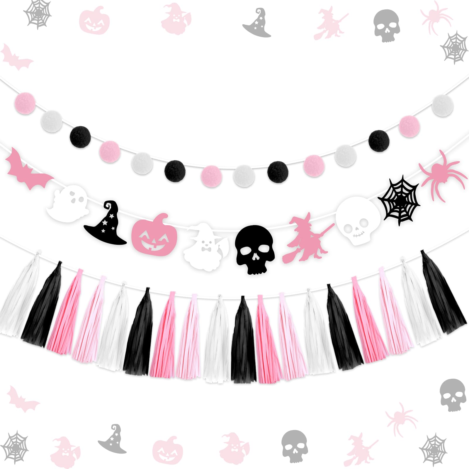 Kreatwow Pink Black Halloween Birthday Decoration Halloween Tassel Garland Banner Halloween Hanging Garland Skull Bat Spider Ghost Supplies for Birthday Wedding Baby Bridal Shower Bunting Supplies