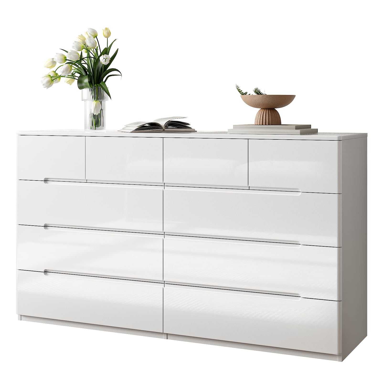 ZORPLIX 10 Drawer Dresser, White Dresser for Bedroom, High Gloss Modern Dresser & Chest of Drawers, 55" Long Dresser TV Stand, Large Double Dresser for Bedroom