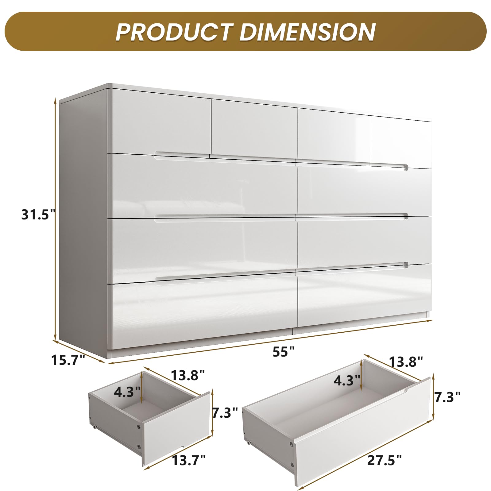 ZORPLIX 10 Drawer Dresser, White Dresser for Bedroom, High Gloss Modern Dresser & Chest of Drawers, 55" Long Dresser TV Stand, Large Double Dresser for Bedroom