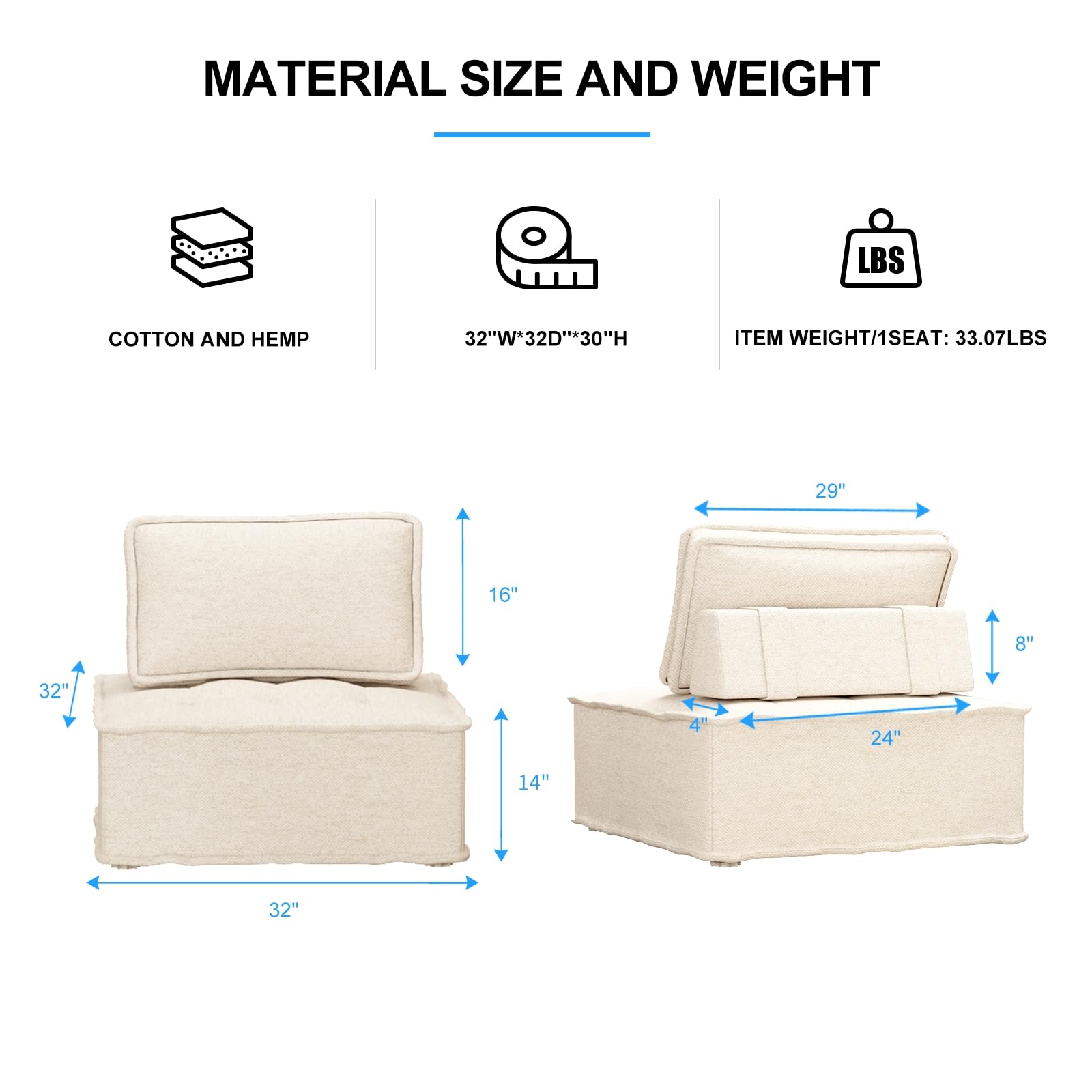 PUREMIND Modular Sectional Sofa, Beige 1 Seat Convertible Modular Couch for Living Room, Linen Single Sofa Chair Easily Combined into L Shaped Sofa, Sofa Sleeper, Sofa Set