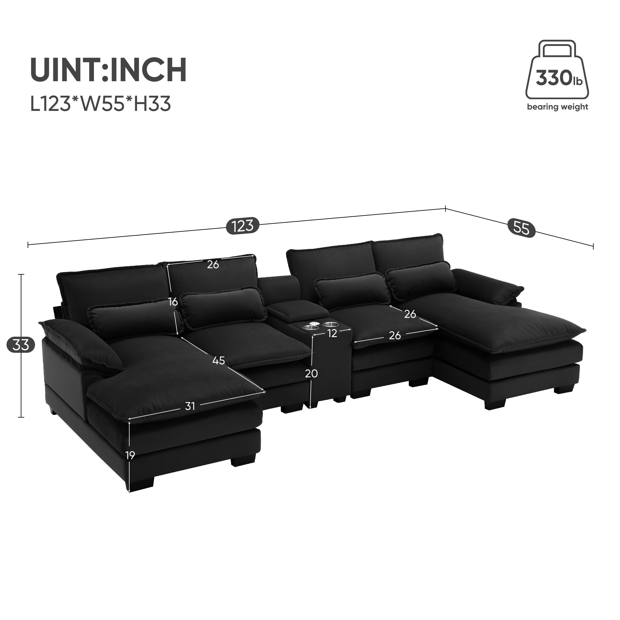 WIIS' IDEA 123" Modern Sectional Sofa Couch,U-Shaped Sofa with Console,Cupholders and USB Ports,6-seat Upholstered,Sleeper Couch Set with Chaise,Sectional Couches for Living Room,Apartment（Black）