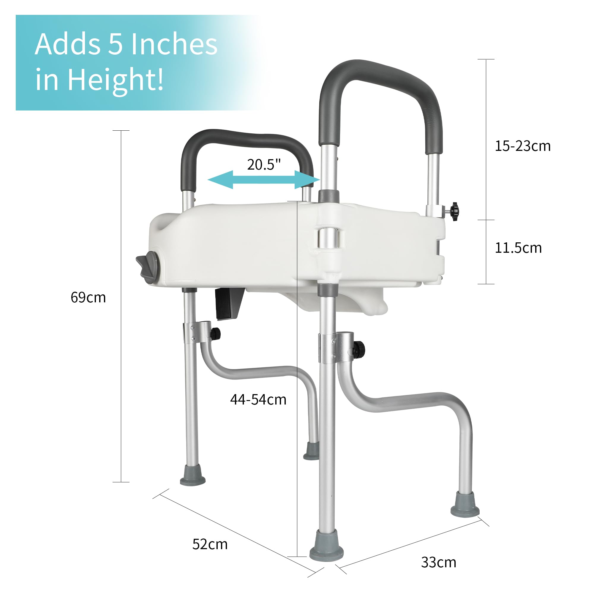 Lock Raised Toilet Seat with Handles, 5 Inch Toilet Seat Riser Heavy Duty with Adjustable Arms and Legs Fits Most Toilets, Elevated Toilet Seat 300 LBS(Regular, Grey+White）